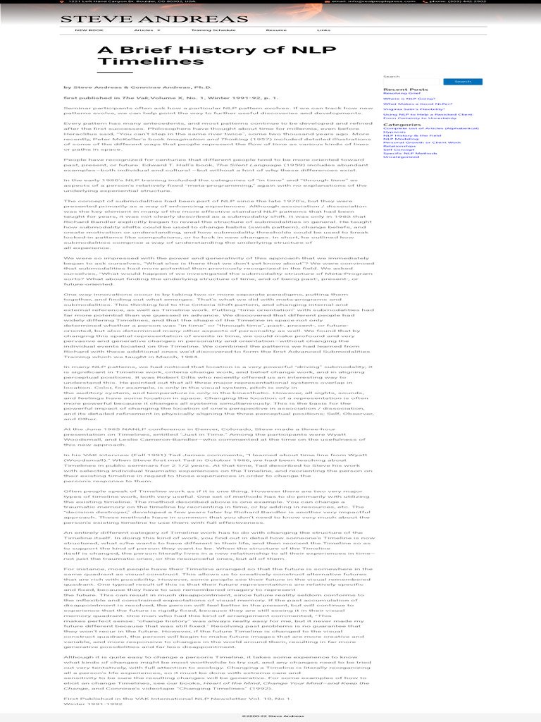 A Brief History of NLP Timelines – Steve Andreas | PDF | Neuro Linguistic Programming | Mental ...