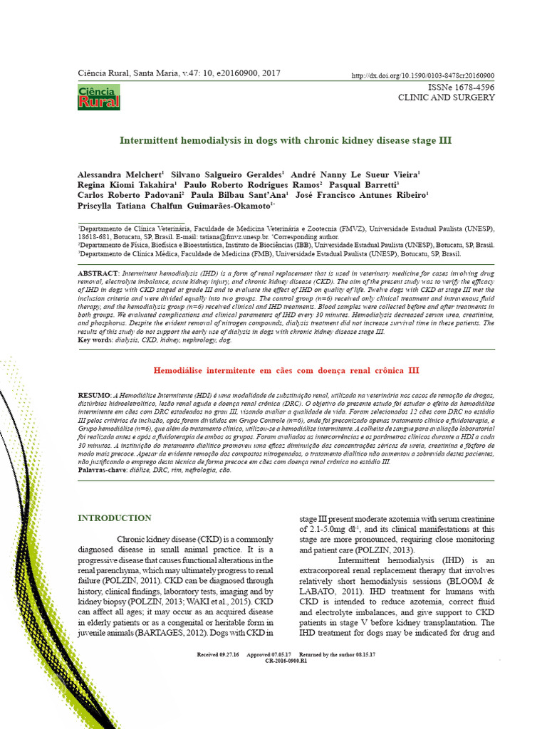 Melchert Et Al 2018 Intermittent Hemodialysis in Dogs With Chronic ...
