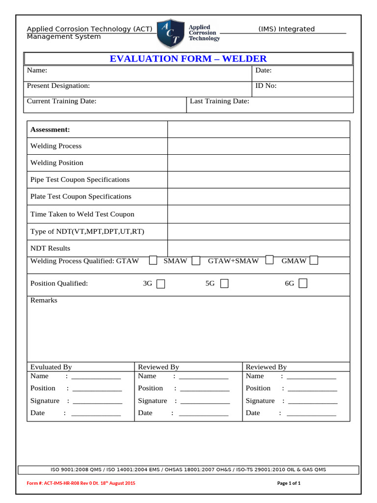 ACT-IMS-HR-R08 Rev 0 Dt. 18th August 2015 Welder Evaluation Form | PDF