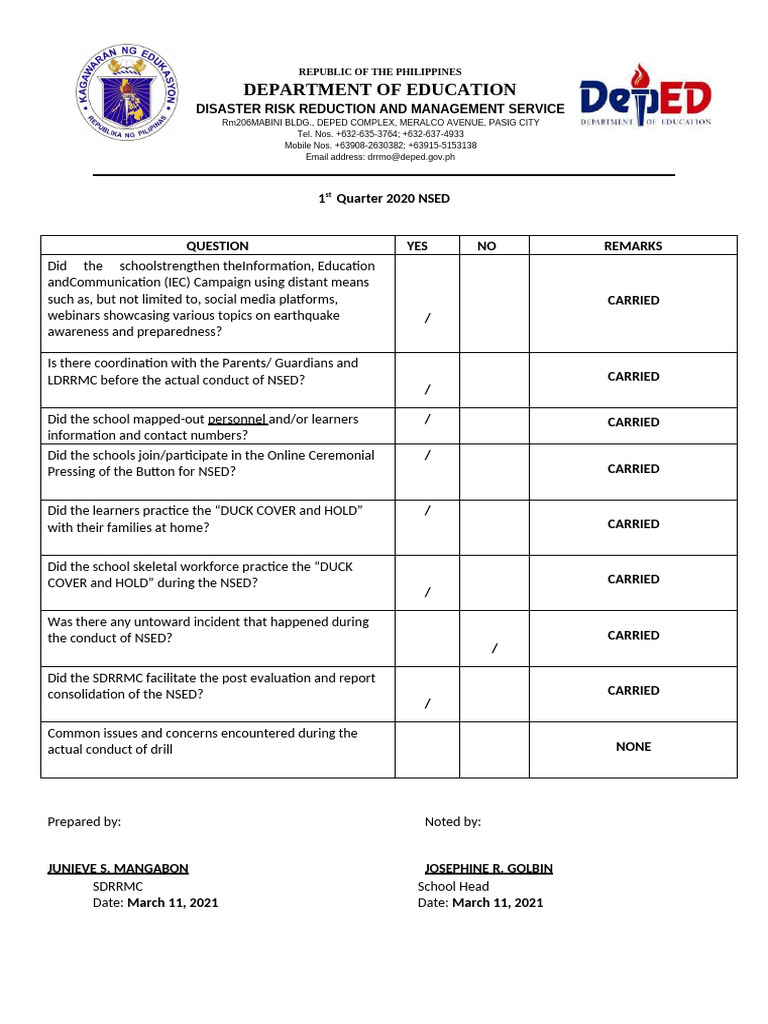 1ST NSED Report TABUNOK - ES1 | PDF | Emergency Management