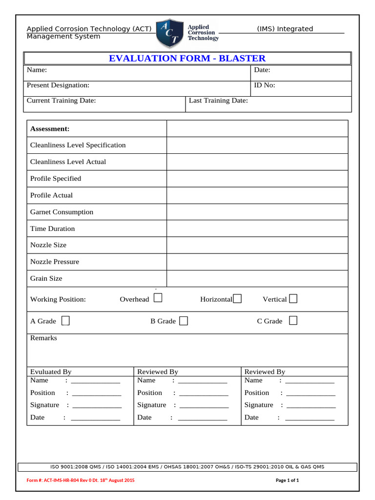 ACT-IMS-HR-R04 Rev 0 Dt. 18th August 2015 Blaster Evaluation Form | PDF