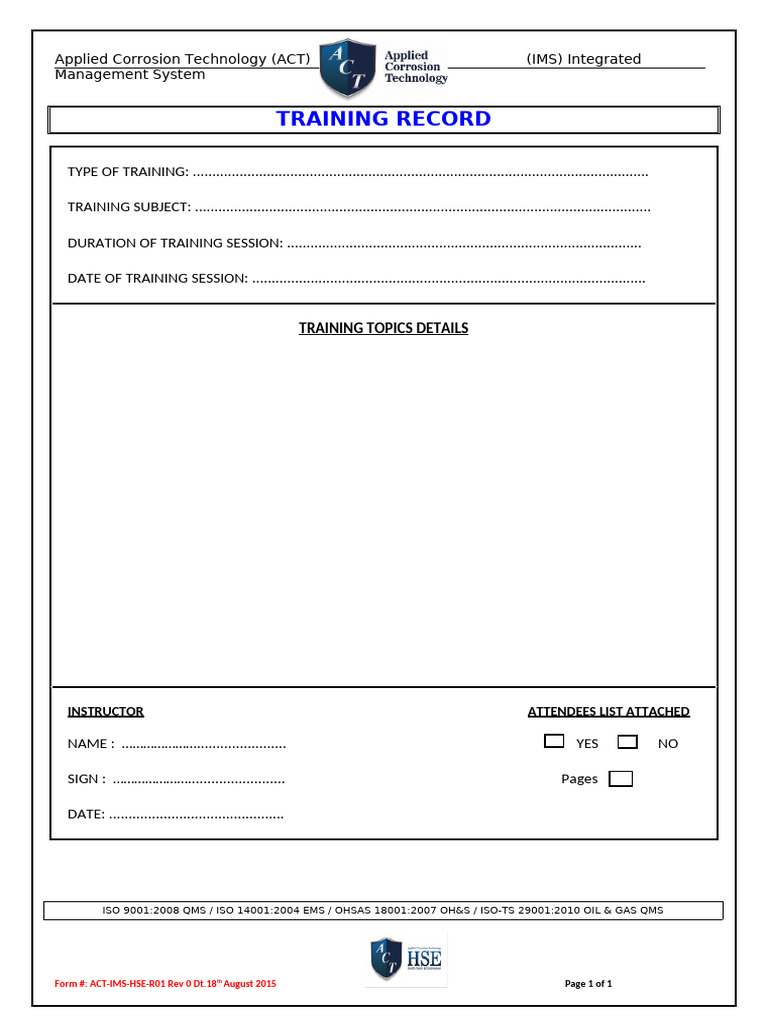 ACT-IMS-HSE-R01 Rev 0 Dt. 18th August 2015 Training Record | PDF