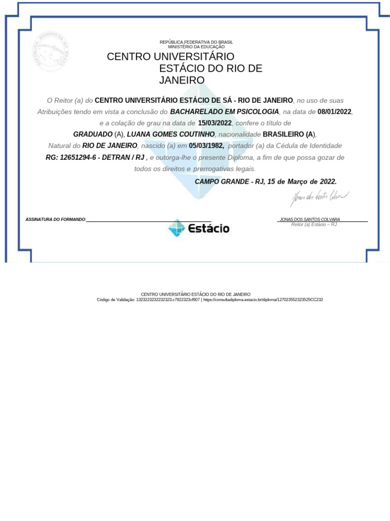 Certificado Estacio Psicologia Luana Gomes Coutinho | PDF | Diploma de bacharel | Universidade