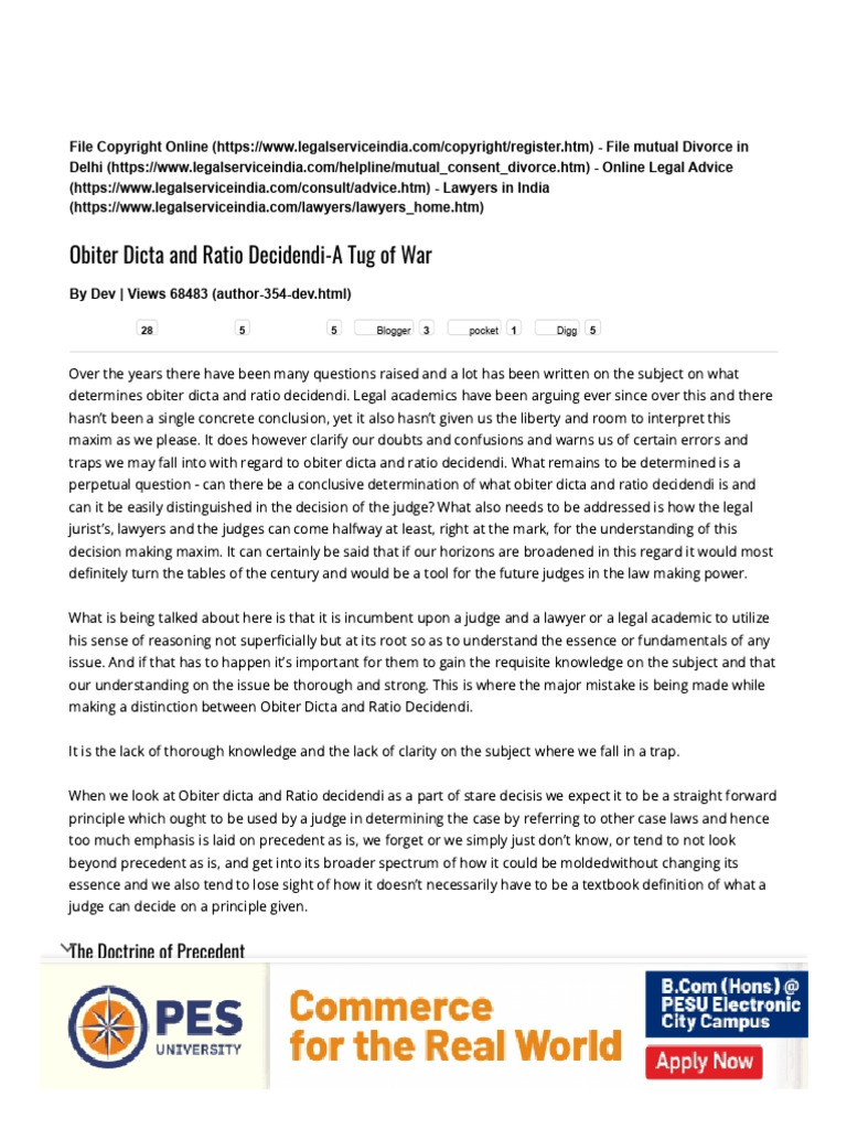 Obiter Dicta and Ratio Decidendi-A Tug of War | PDF | Precedent ...