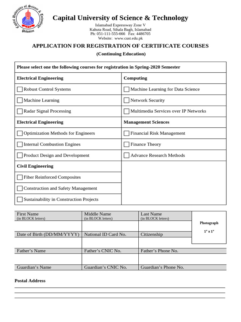 CUST Certificate Course Registration Form | PDF | Identity Document | Government And Personhood