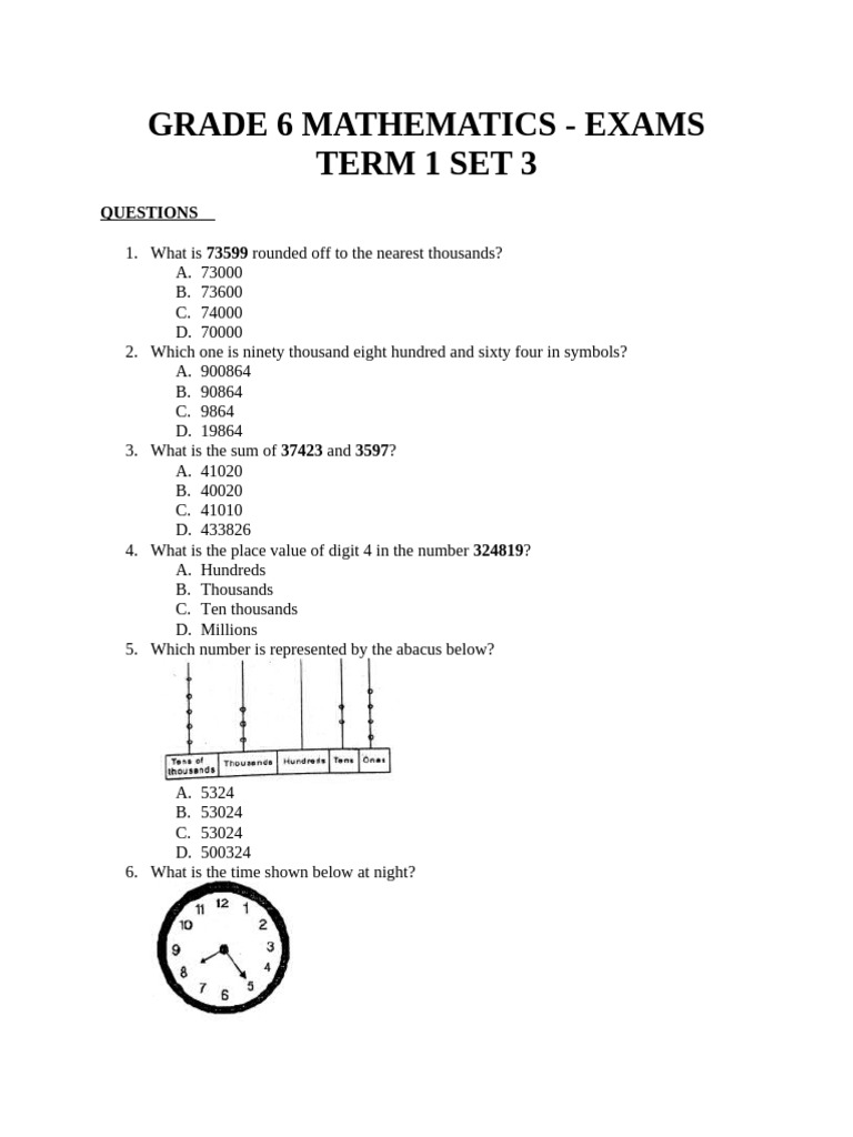 Grade 6 Mathematics Exam Questions | PDF | Numbers | Arithmetic