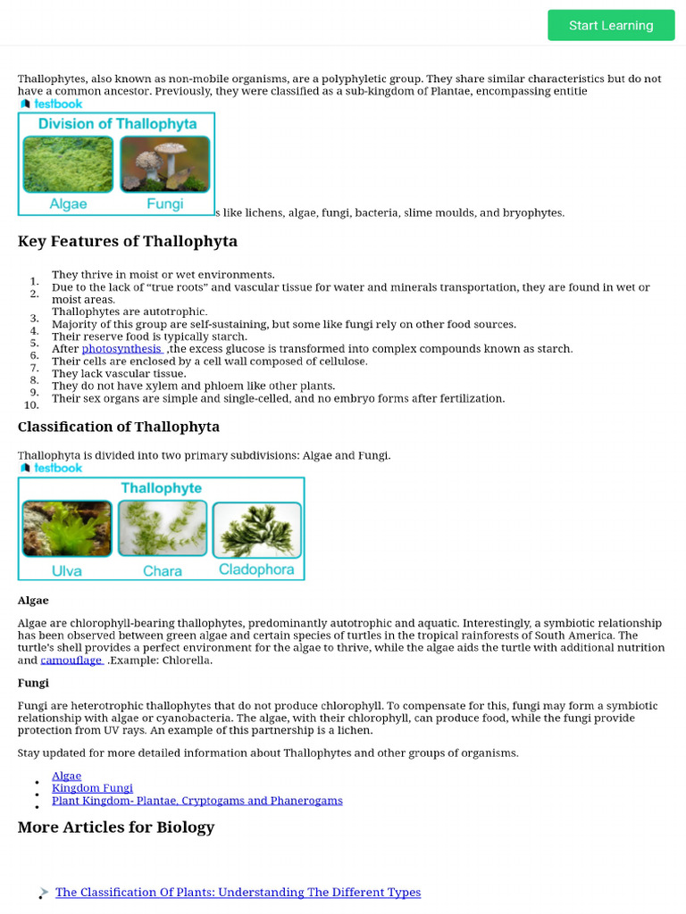 Thallophyta_ Characteristics, Division, and Examples _ Testbook.com | PDF