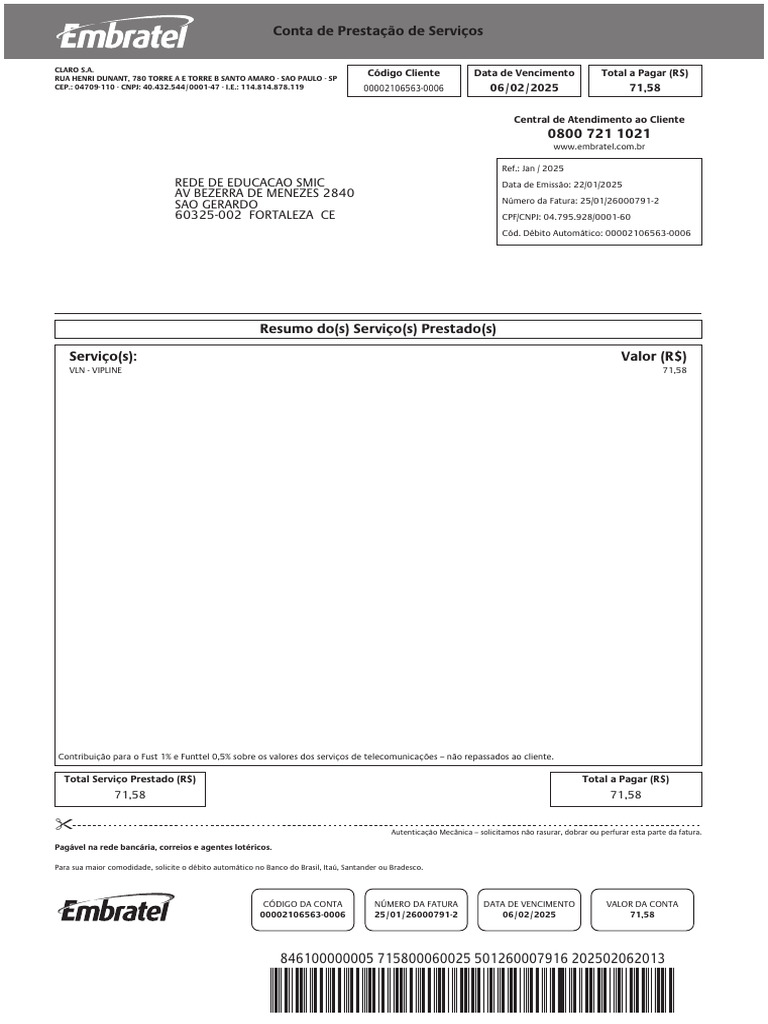 Fatura Embratel Fevereiro Ano 2025 | PDF | Brasil | Bancos