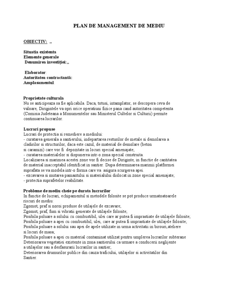 Plan de Managm. de Mediu - Model | PDF