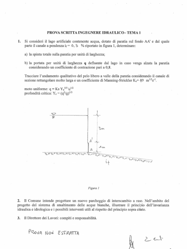 Traccia Non Estratta Ing. Idraulico Tema N. 1 | PDF