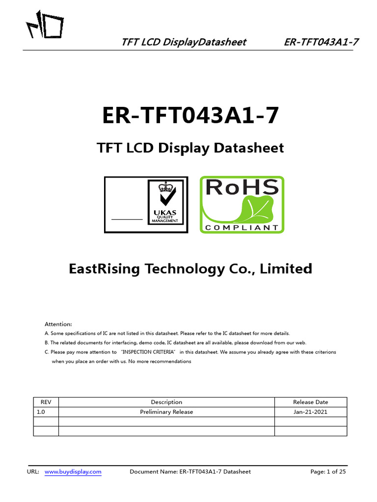 ER-TFT043A1-7 TFT Display Datasheet | PDF | Touchscreen | Liquid ...
