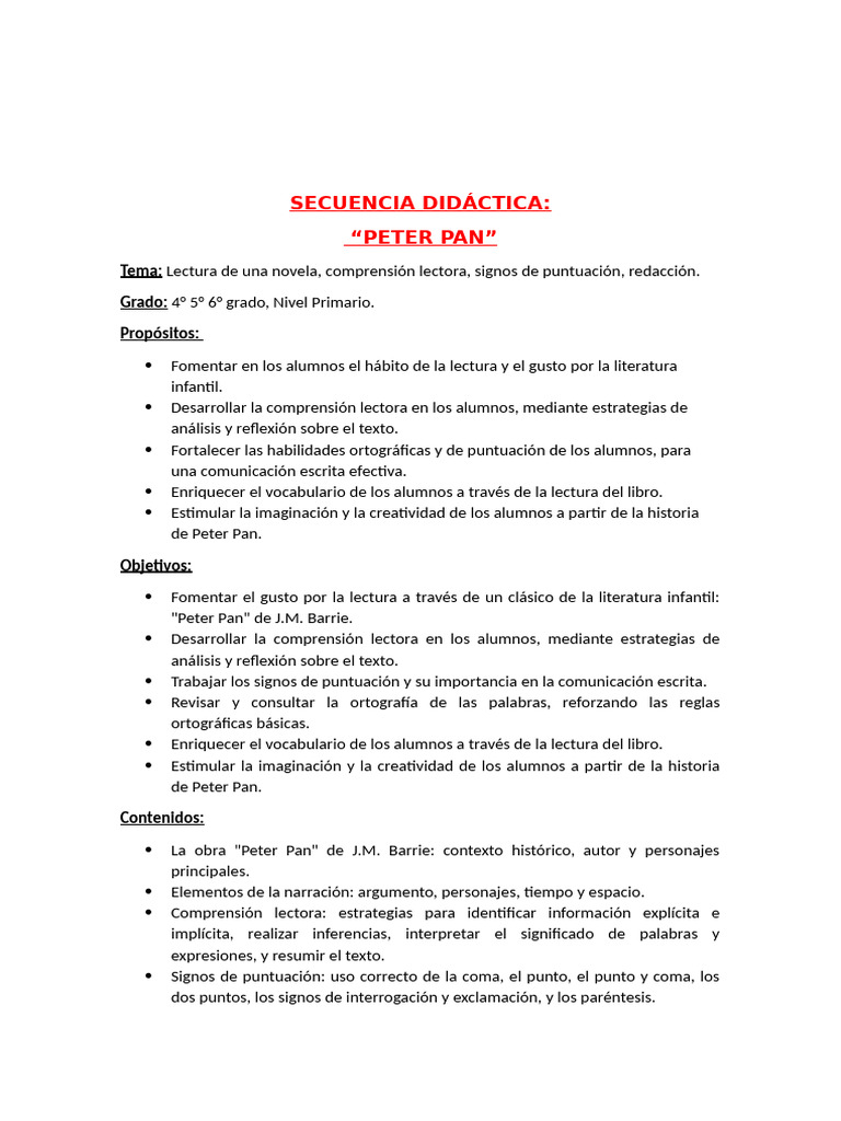 Secuencia Didáctica: Peter Pan en Primaria | PDF | Puntuación ...