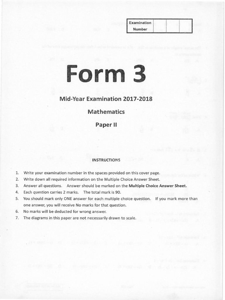La Salle 2017-2018 Mid Year Exam F3 Math Paper 2 | PDF