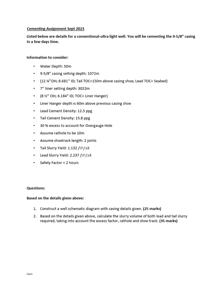 Cementing Plan for 9-5/8” Casing | PDF | Casing (Borehole) | Quantity