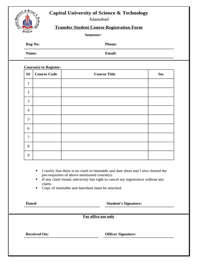 Transfer Student Course Registration Form Fall 2023 | PDF