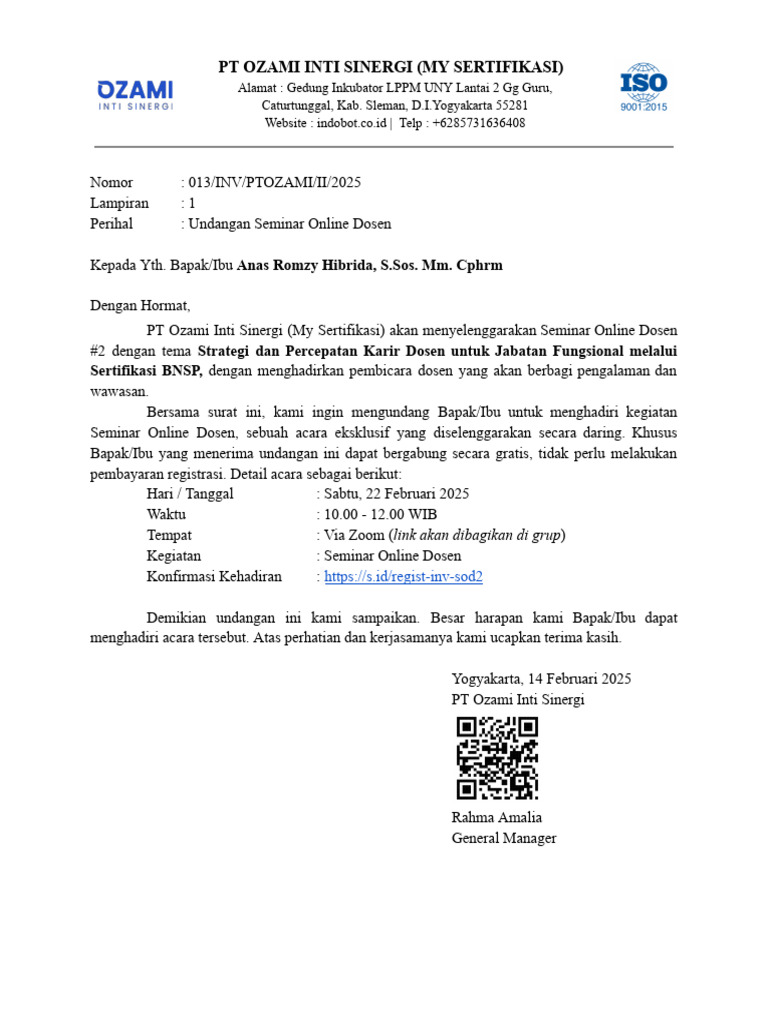 Undangan Seminar Dosen #2 - Anas Romzy Hibrida, S.Sos. Mm. Cphrm | PDF