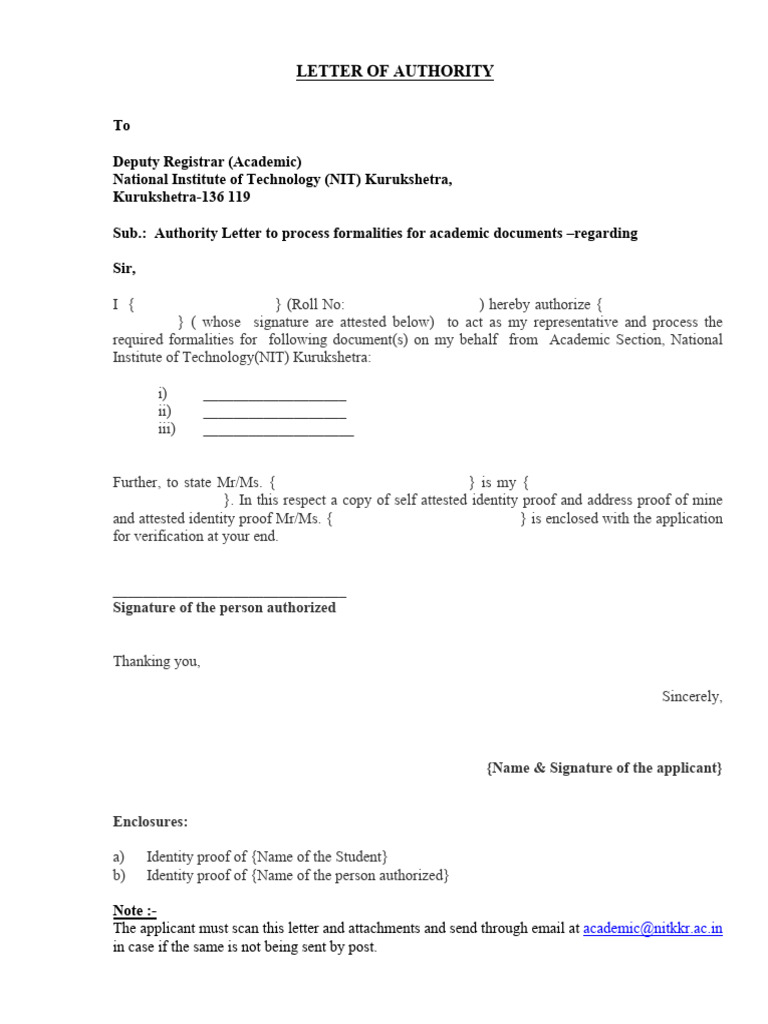 Authority Letter for Academic Documents | PDF