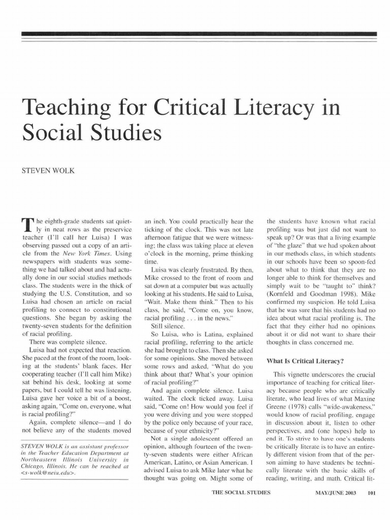 (Wolk) Teaching For Critical LIteracy in Social Studies | PDF