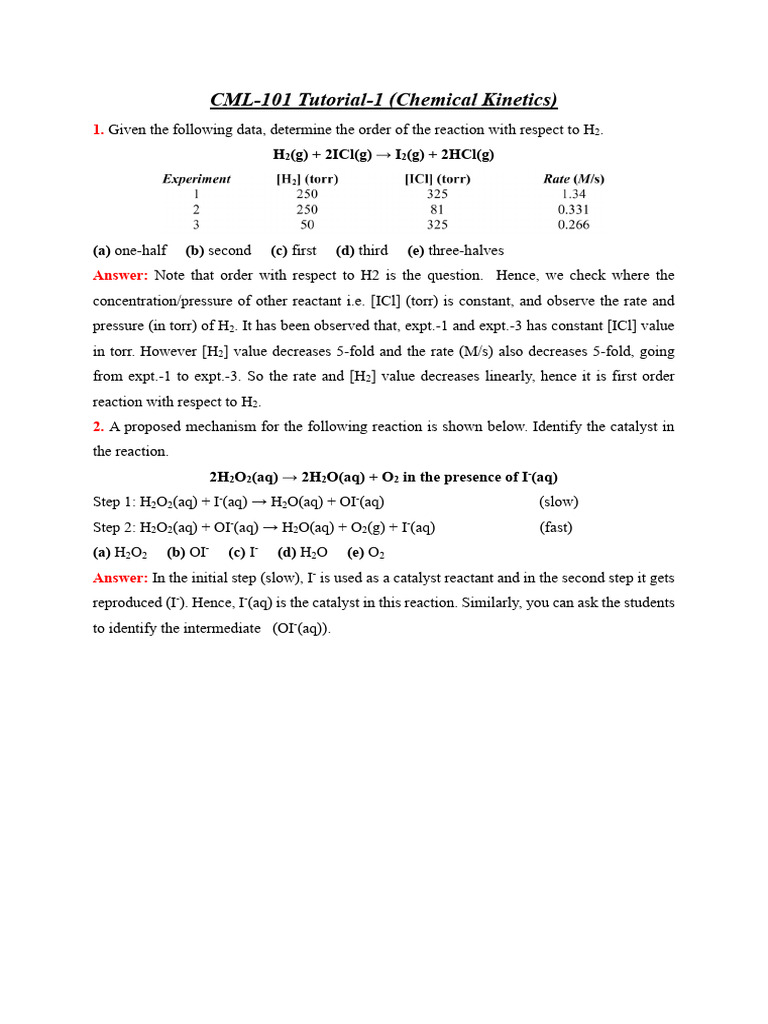 Solutions Kinetics Tutorial CML101 | PDF | Reaction Rate | Chemical Kinetics