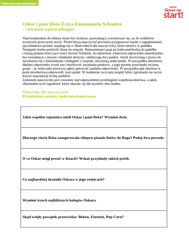 Oskar I Pani Roza Lektura Uzupelniajaca Cwiczenia | PDF