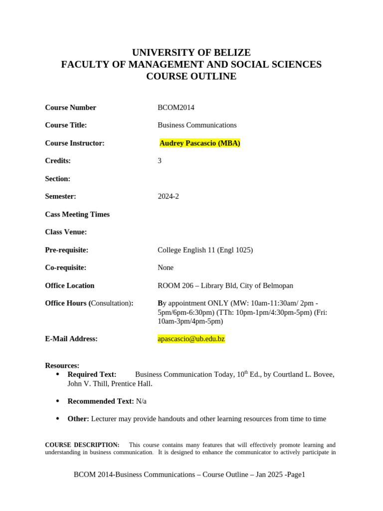 BCom 2014-BCom Course Outline-Jan 2025 | PDF | Lecture | Communication