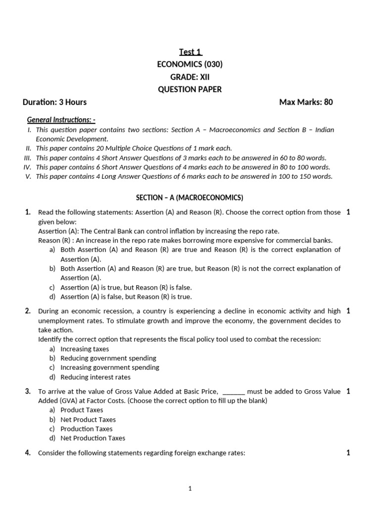Economics Grade XII Question Paper | PDF | Inflation | Macroeconomics