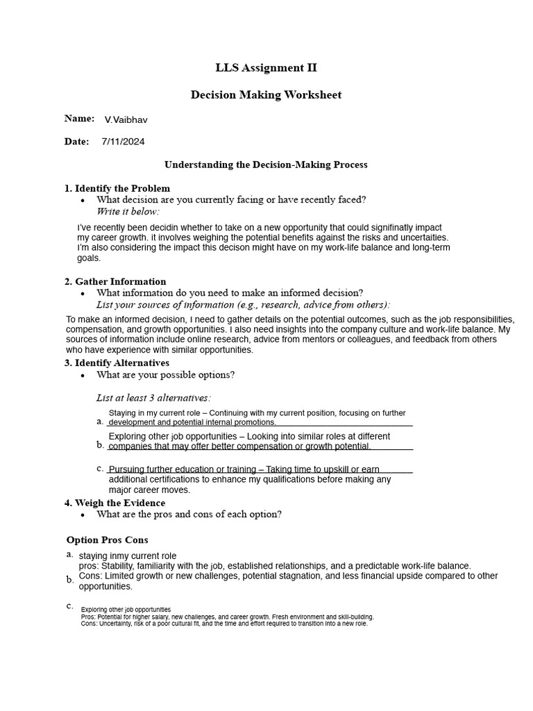 LLS Assignment II - Decision Making Worksheet - Ce6a - 241107 - 215711 | PDF | Choice | Risk
