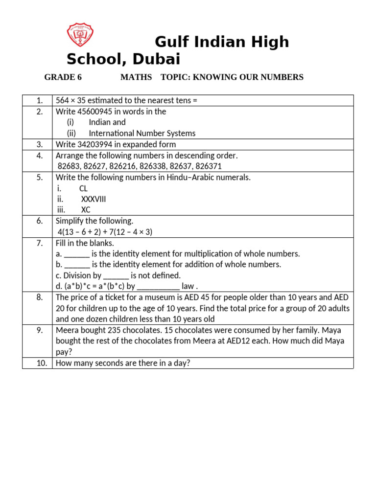 Gr 6 -Knowing Numbers -Revision Worksheet | PDF