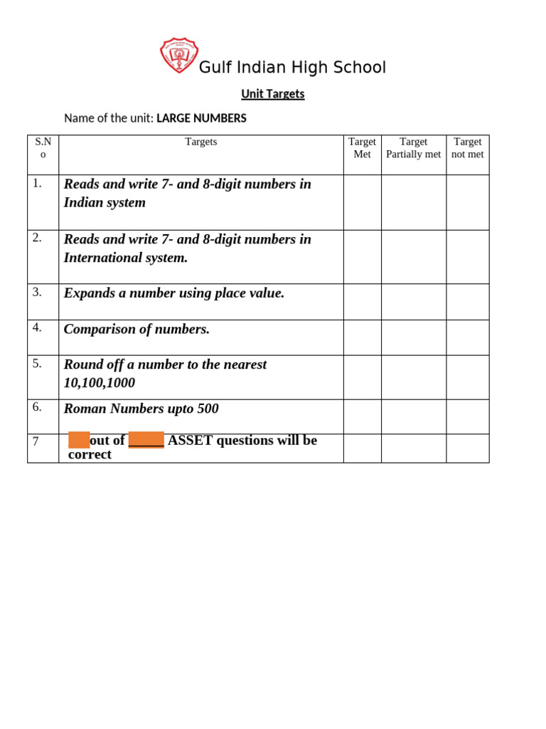 Large Numbers Unit Targets | PDF