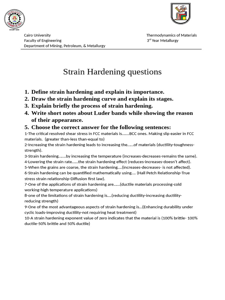 Strain Hardening in Materials Engineering | PDF