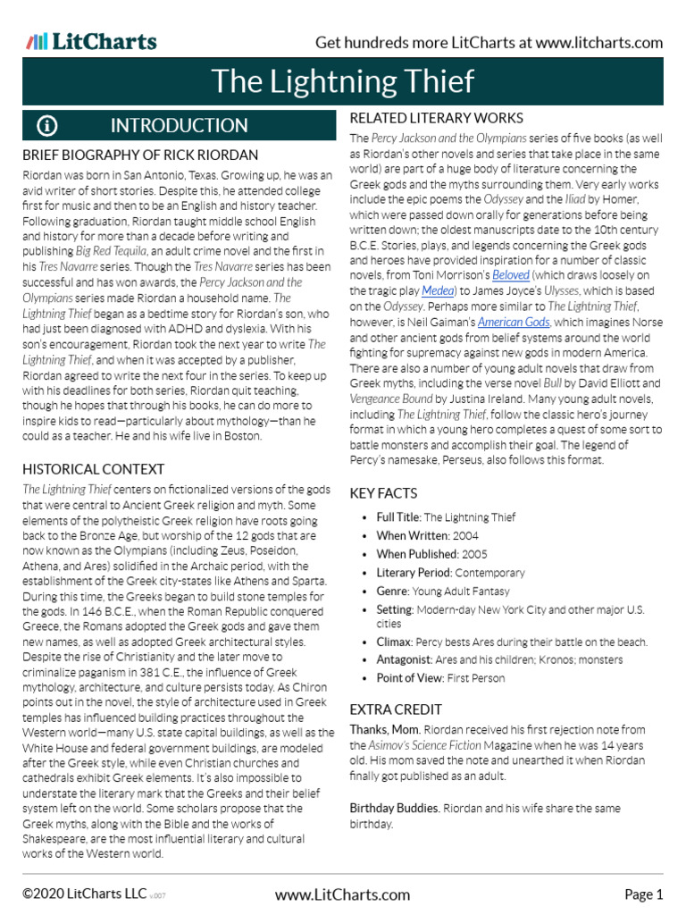 The Lightning Thief LitChart | PDF | Hades | Greek Mythology