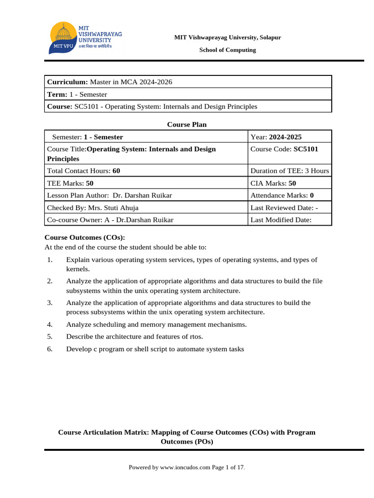 1 - Semester - SC5101 - Theory - Course - Plan | PDF | Operating System ...