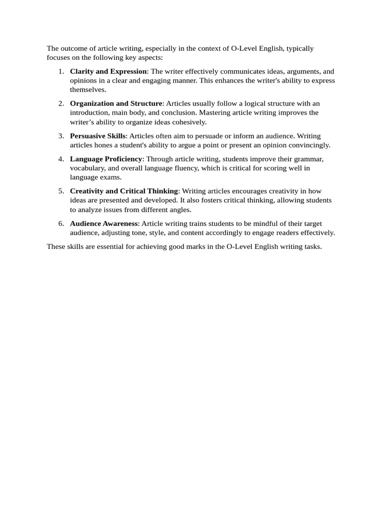 Key Skills for O-Level Article Writing | PDF