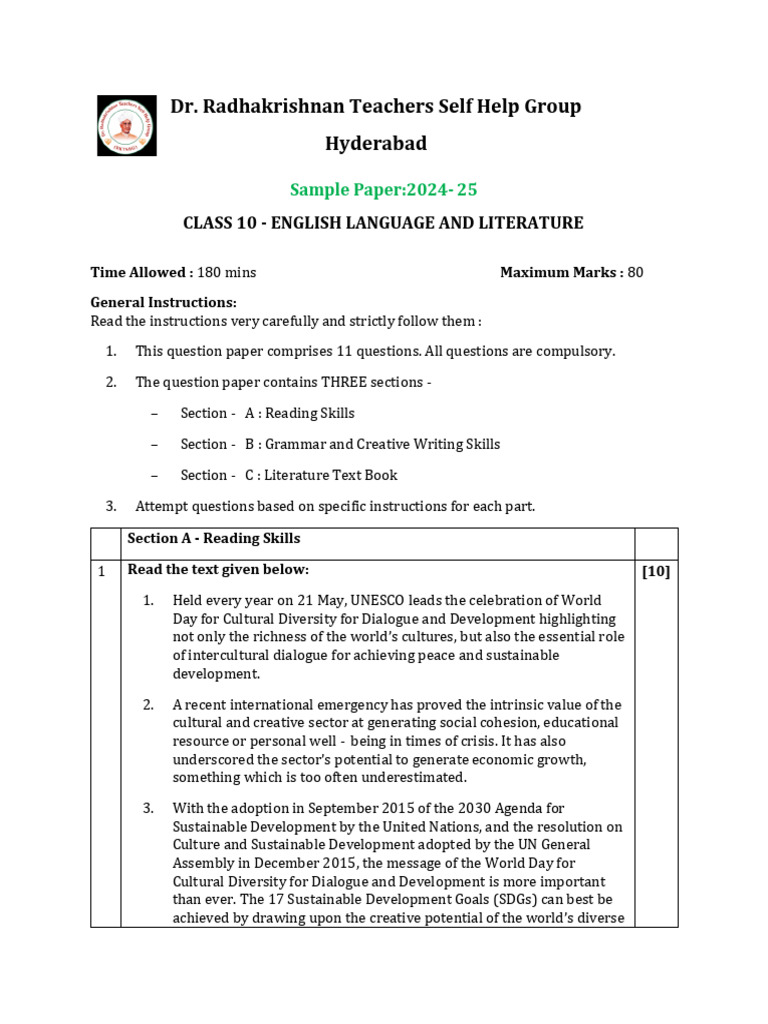 Class 10 English Language Sample Paper | PDF | Cultural Diversity ...
