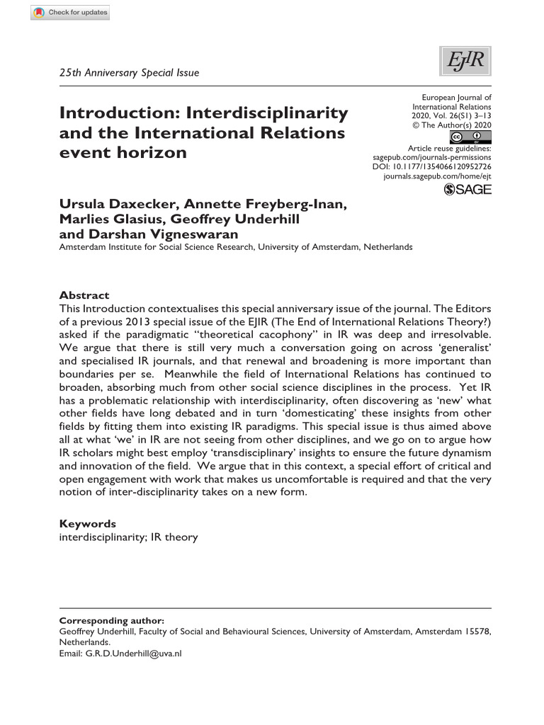 Daxecker Et Al 2020 Introduction Interdisciplinarity and The International Relations Event ...