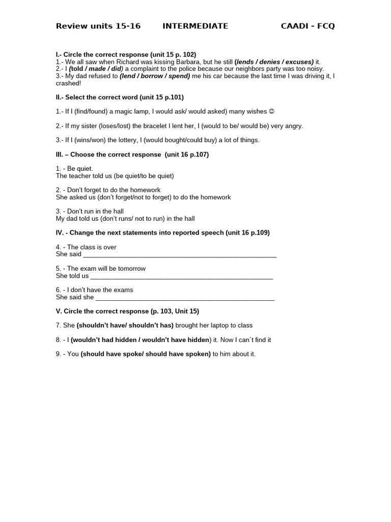 Intermediate English Review Units 15-16 | PDF