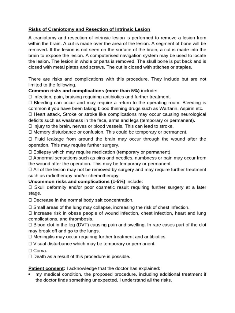 Craniotomy Risks and Complications Guide | PDF | Surgery | Paresthesia
