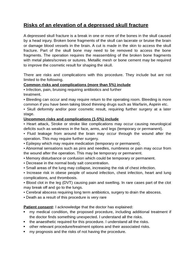 Risks of Depressed Fracture Surgery | PDF | Surgery | Stroke
