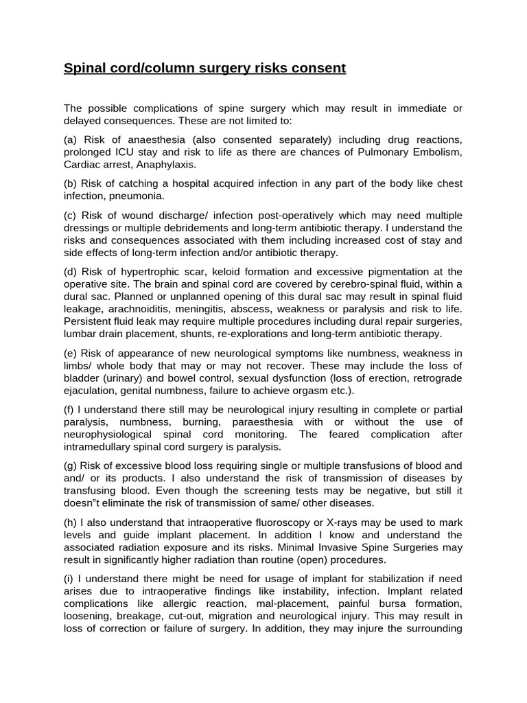 Risks of Spinal Surgery | PDF | Surgery | Implant (Medicine)