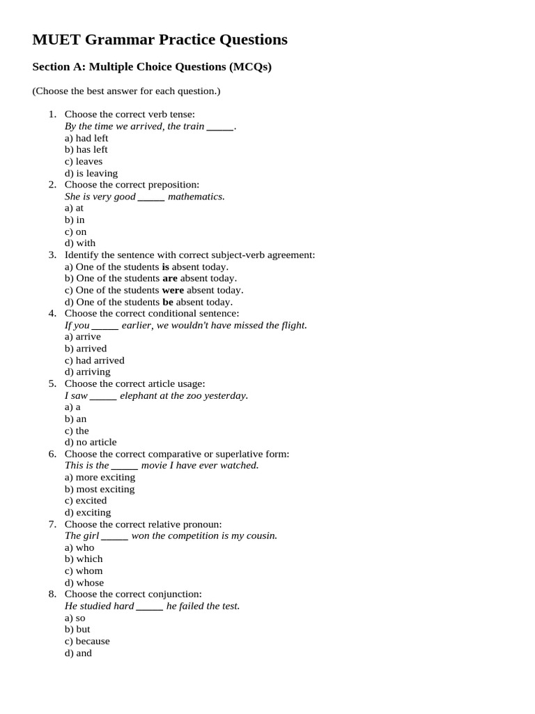 MUET Grammar Practice Questions | PDF | Verb | Linguistics