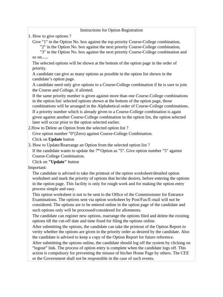 Instructions for Option Registration | PDF