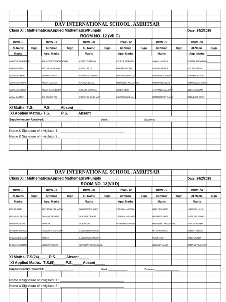 Class XI Exam Attendance Sheet | PDF