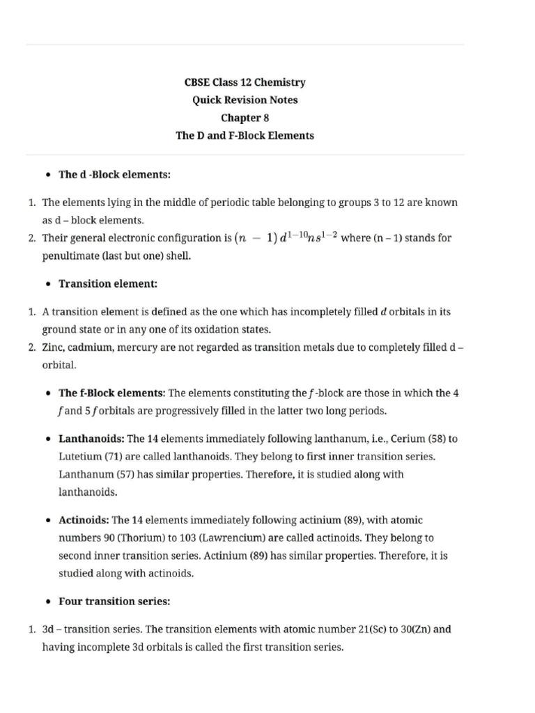 D & F Block Elements - Notes | PDF