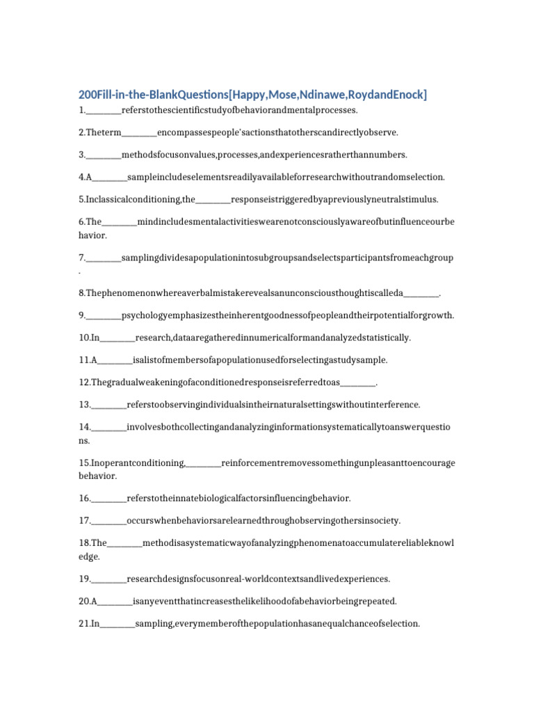 200 Psychology Fill-in-the-Blank Questions | PDF