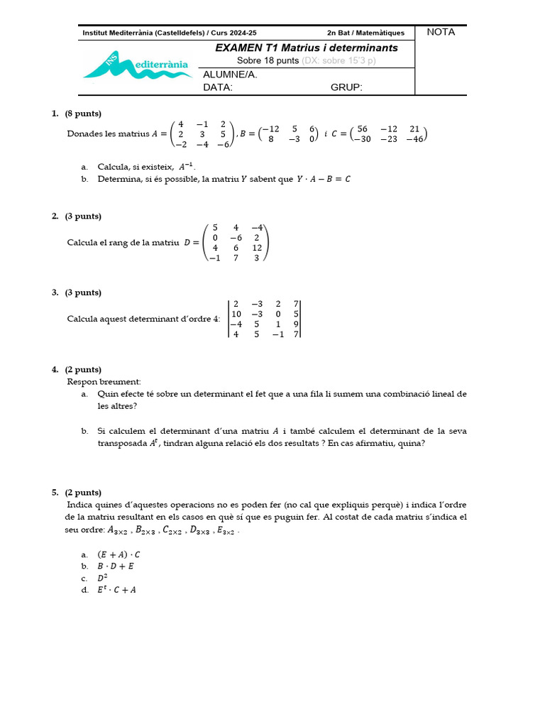 2024-25 T1 Matrius i Determinants EXÀMEN - Opció B | PDF