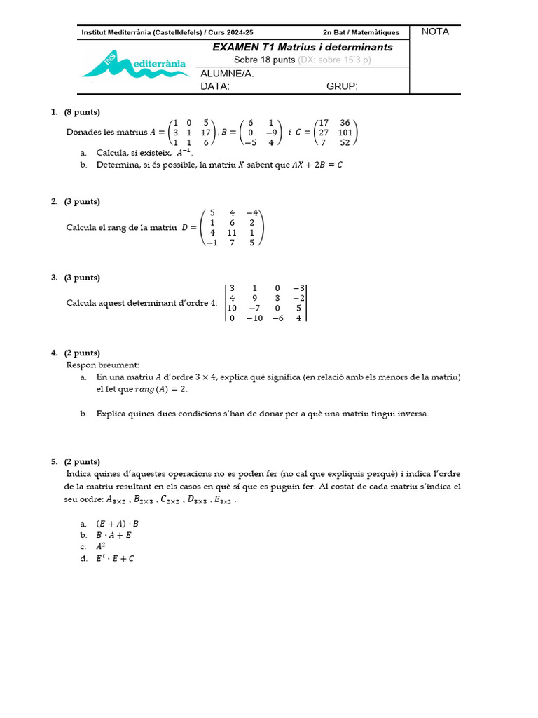 2024-25 T1 Matrius I Determinants EXÀMEN - Opció A | PDF