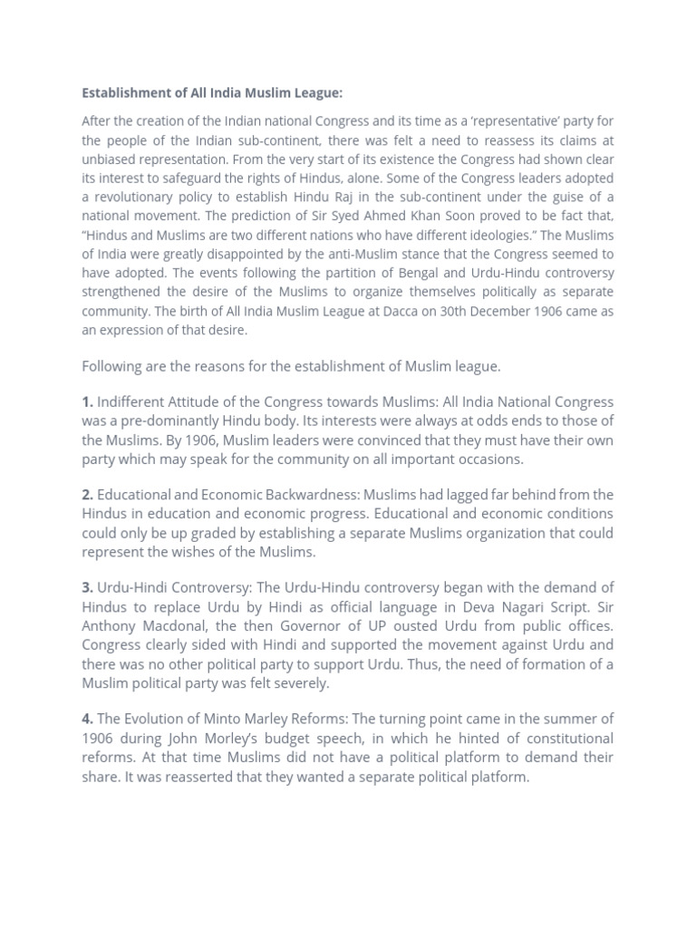 Establishment of All India Muslim League | PDF | All India Muslim ...