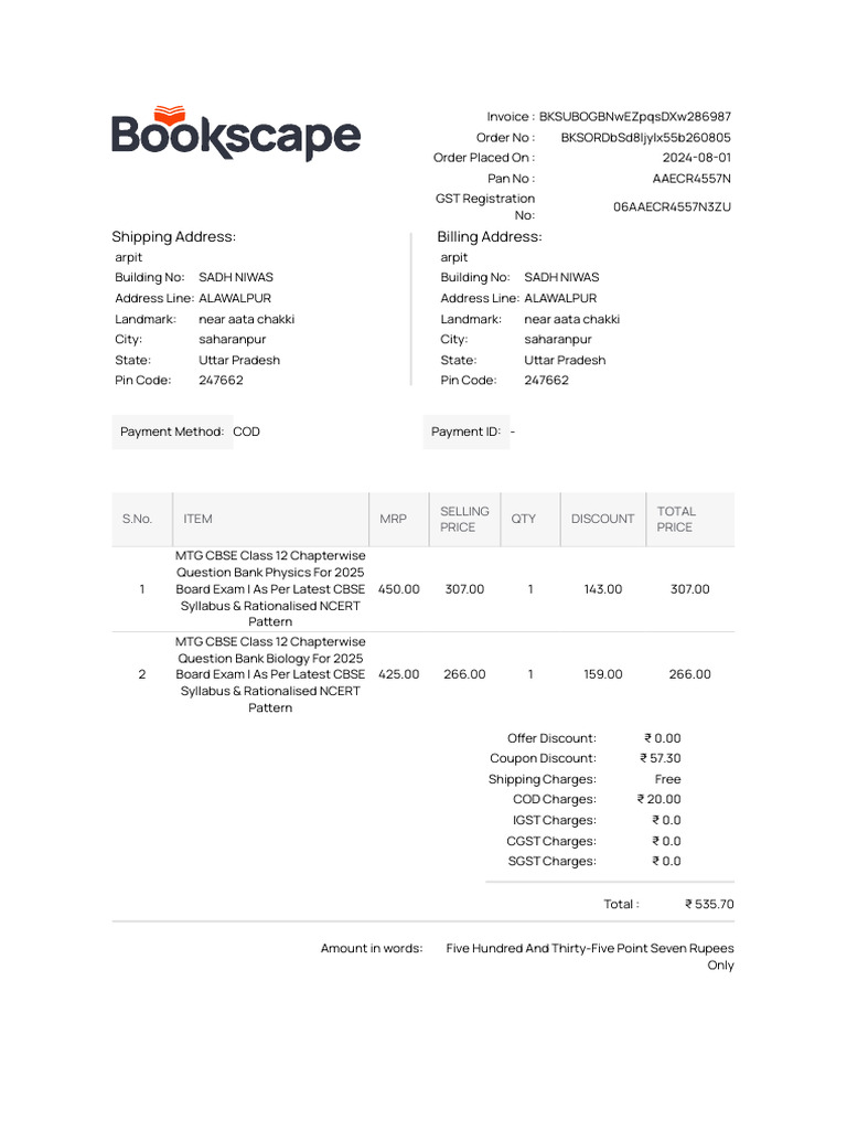 Invoice for CBSE Class 12 Books | PDF | Invoice | Economy Of India