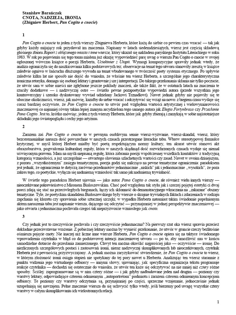 Stanisław Barańczak CNOTA, NADZIEJA, IRONIA (Zbigniew Herbert, Pan Cogito o Cnocie) | PDF