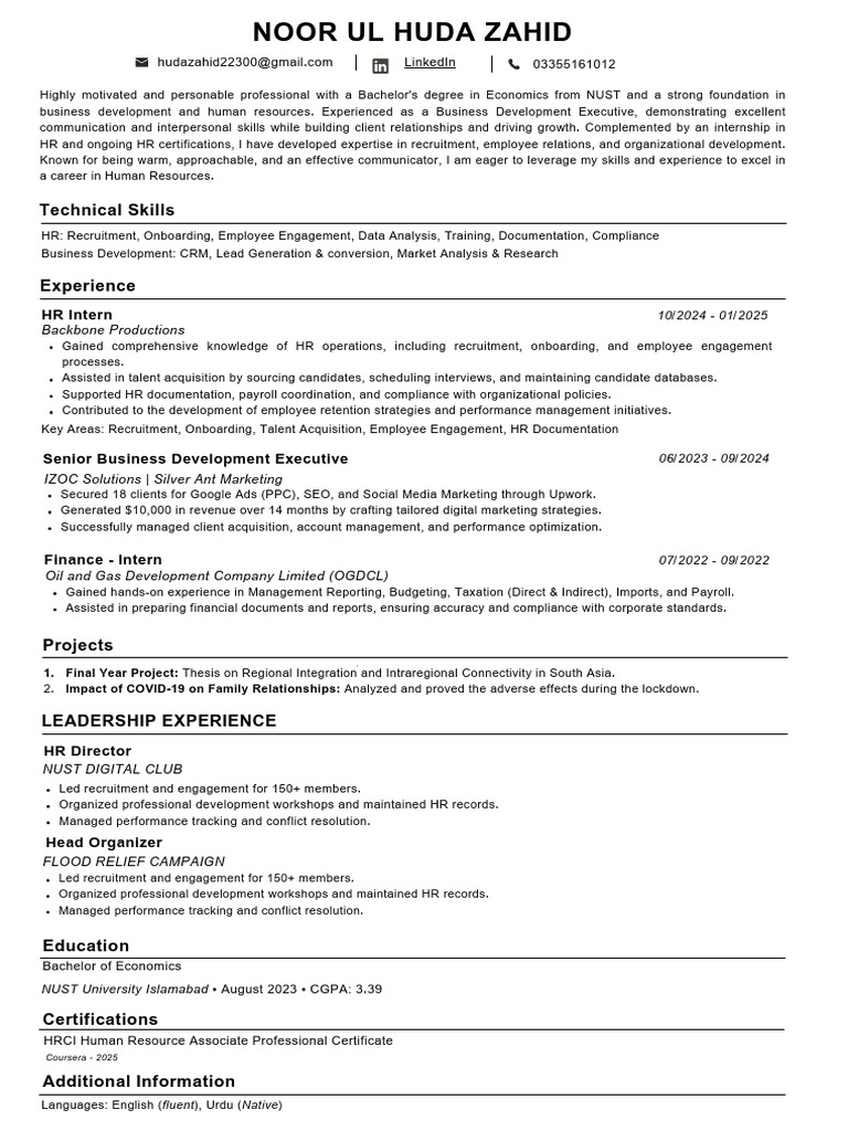 Noor Ul Huda Resume | PDF | Recruitment | Human Resources